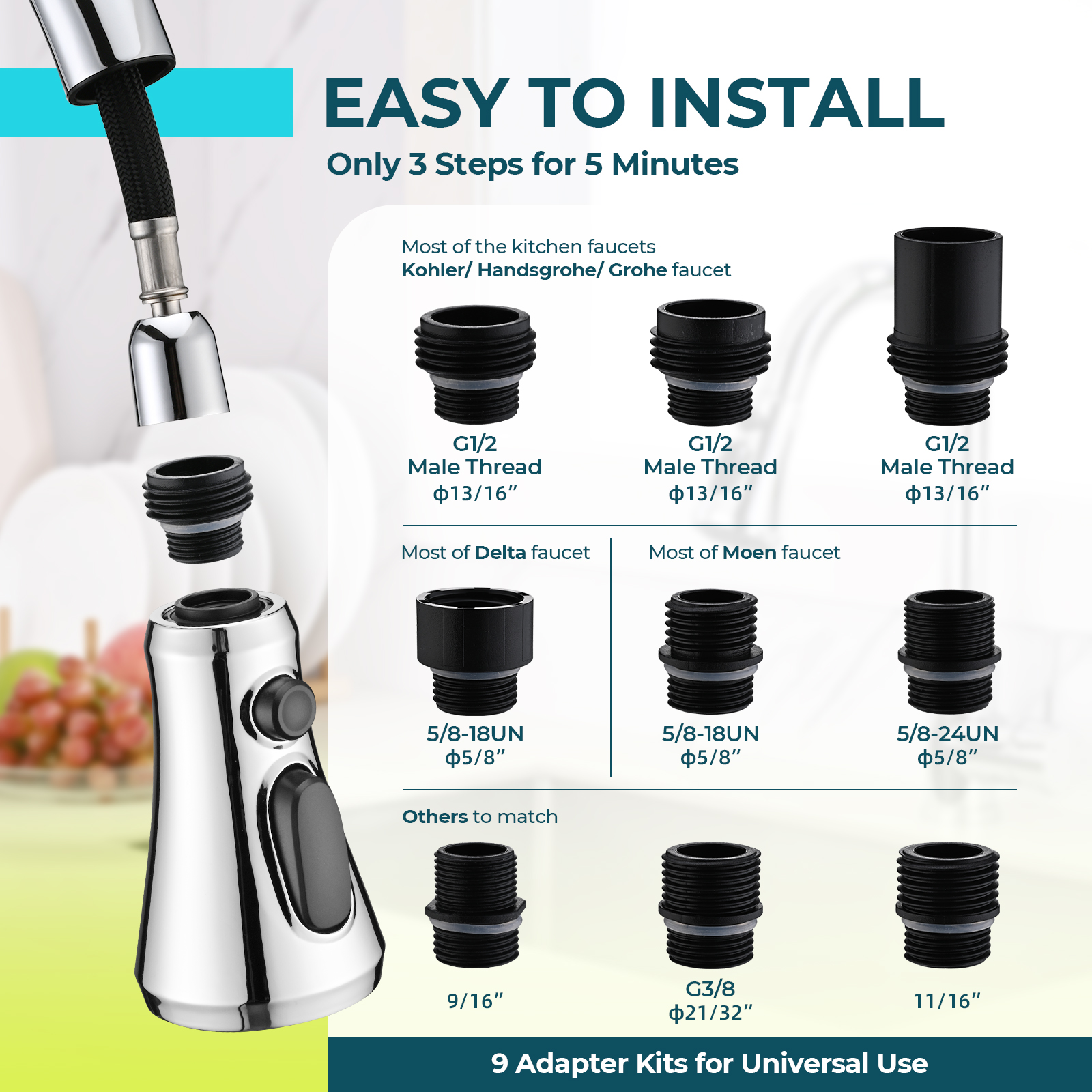 VFAUOSIT Kitchen Faucet Head Replacement with 9 Adapters, 3-Function ...